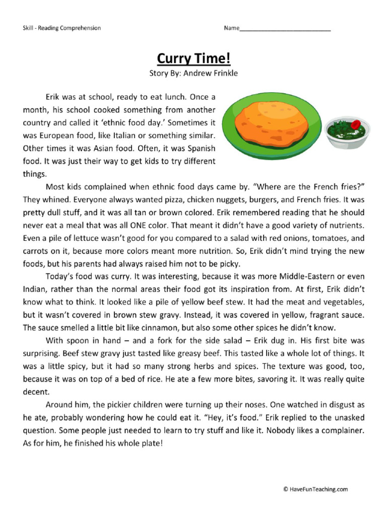 Free Curry Time Fourth Grade Reading Comprehension Worksheet | PDF