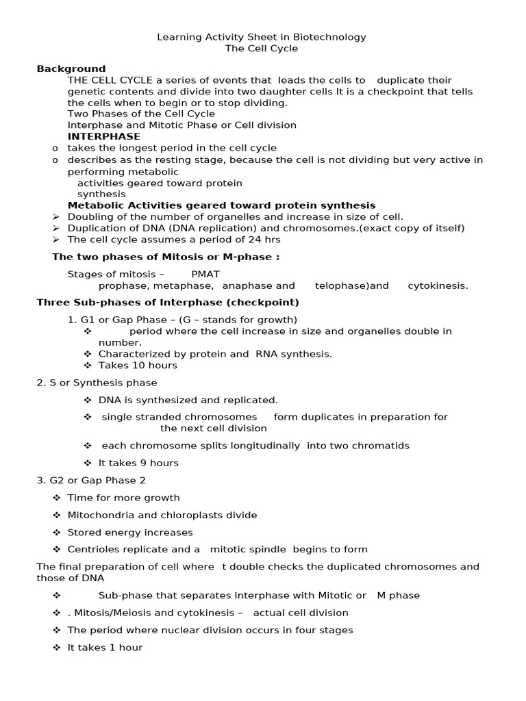 Learning Activity Sheet in Biotechnology | PDF | Mitosis | Cell Cycle