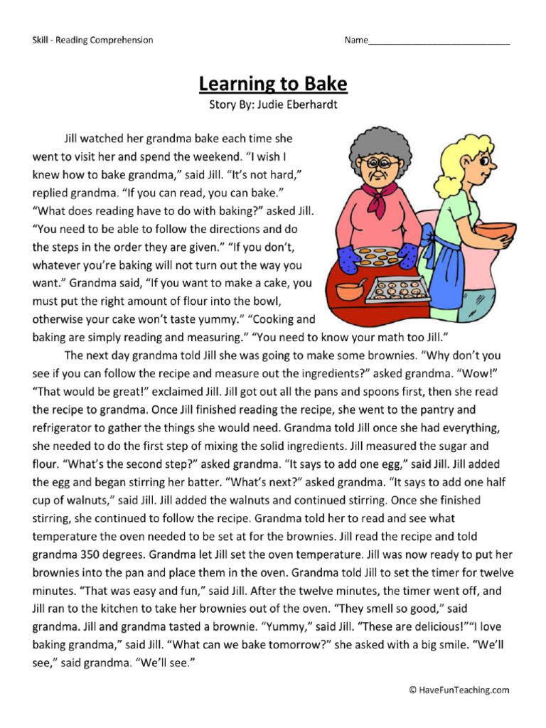 Free Learning To Bake Fourth Grade Reading Comprehension Worksheet | PDF