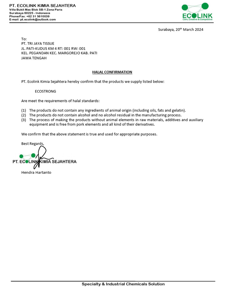 Halal Confirmation for ECOSTRONG Products | PDF