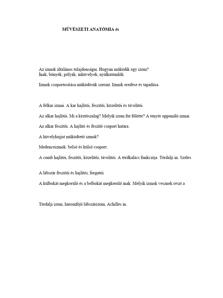 Művészeti Anatómia 3. Vizsga Tételsor 2023 | PDF