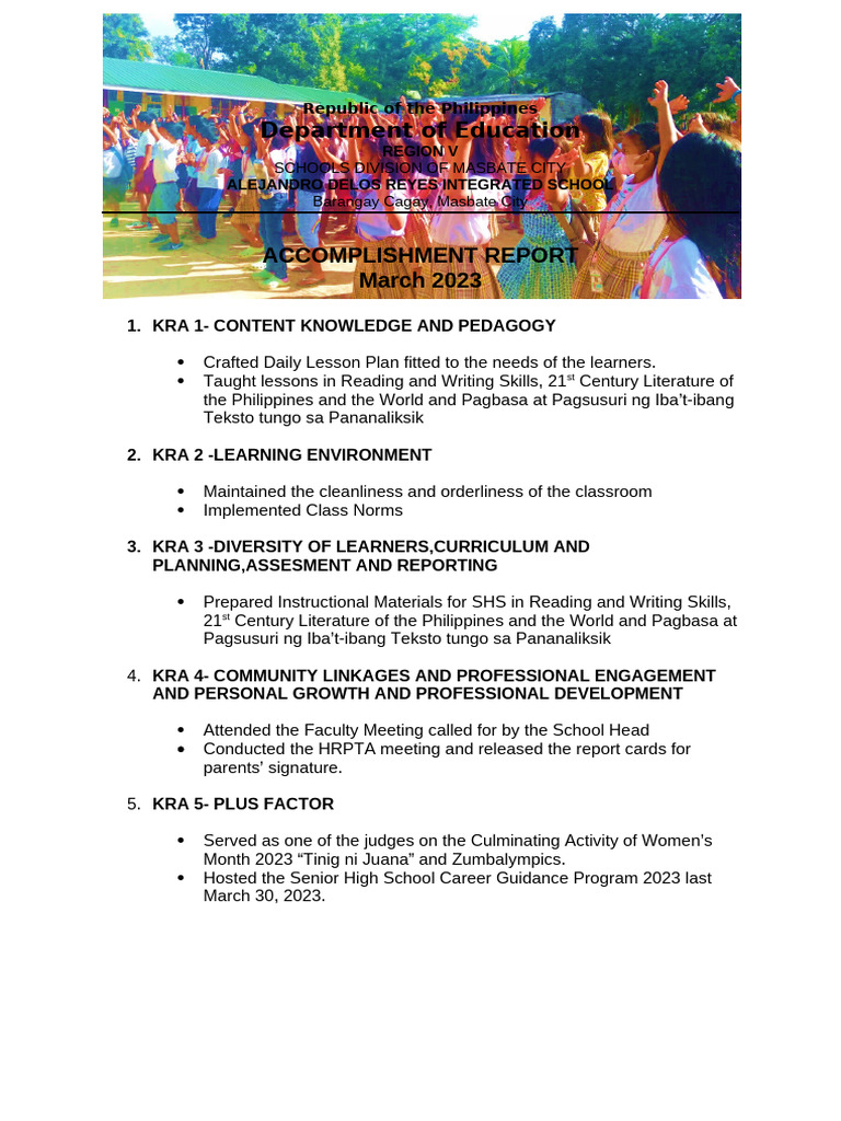 Accomplishment Report March 2023 | PDF