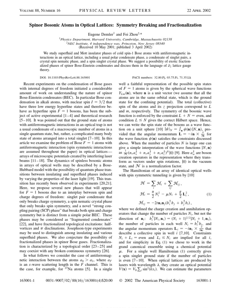 Eugene Demler and Fei Zhou - Spinor Bosonic Atoms in Optical Lattices ...