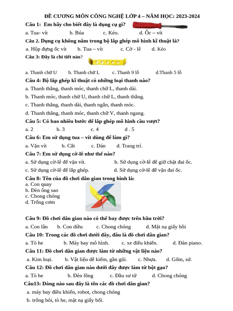 ĐỀ CƯƠNG MÔN CÔNG NGHỆ CK2 lớp 4 | PDF