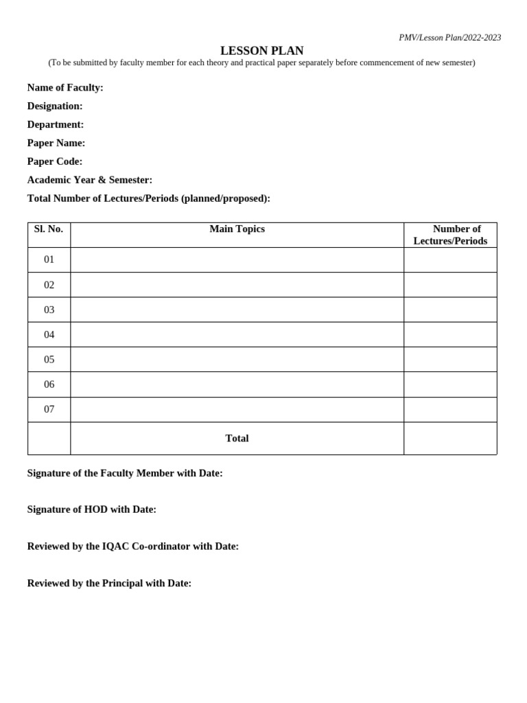 Lessonplan Format (Theory & Practical) | PDF