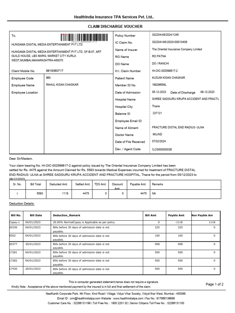 HI-OIC-002598617 2 Settled DischargeVoucher | PDF | Insurance | Financial Services