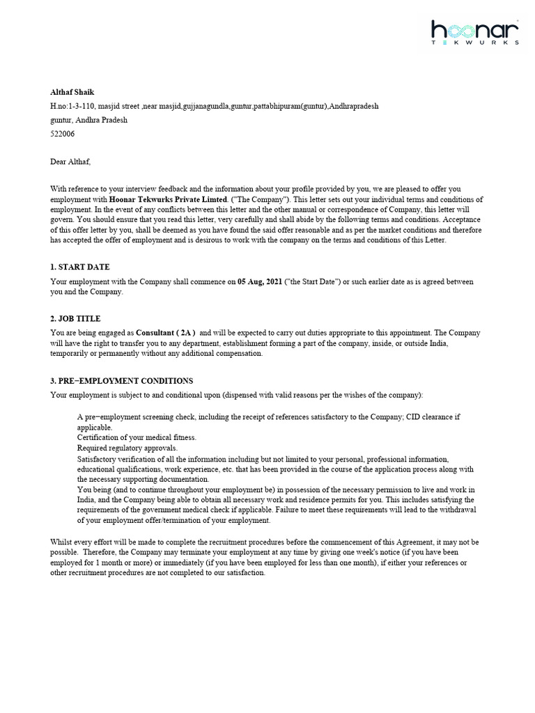 Appointment Letter HTPL... - Althaf Shaik | PDF | Employment | Legal Remedy