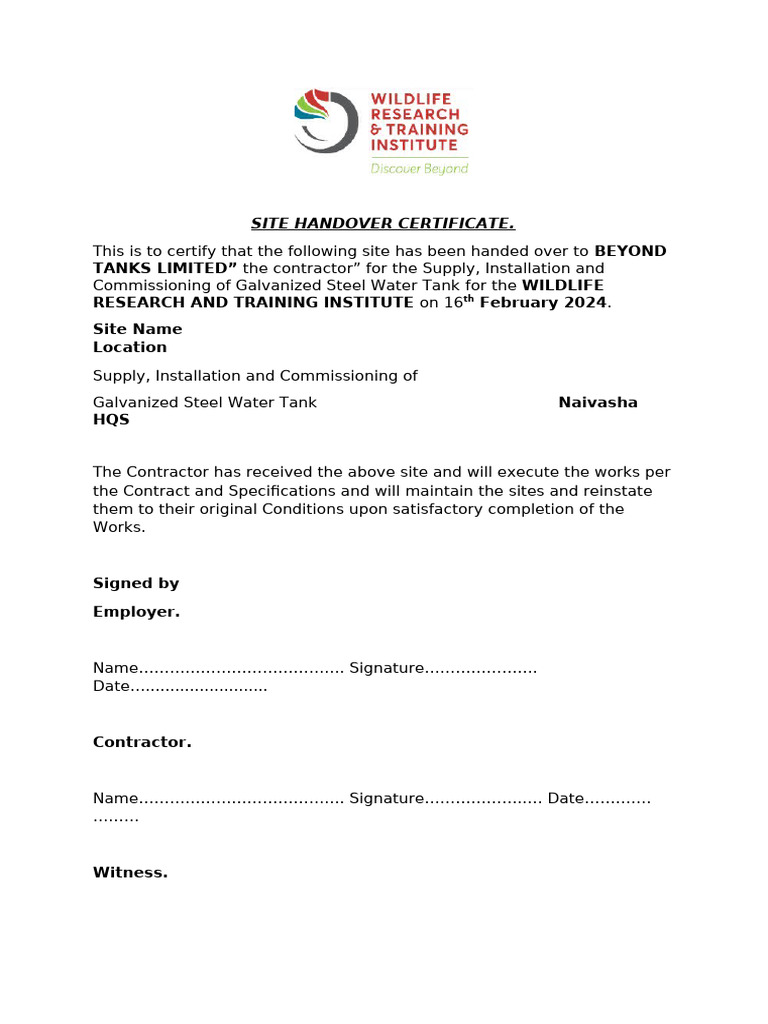 Site Handover Certificate | PDF