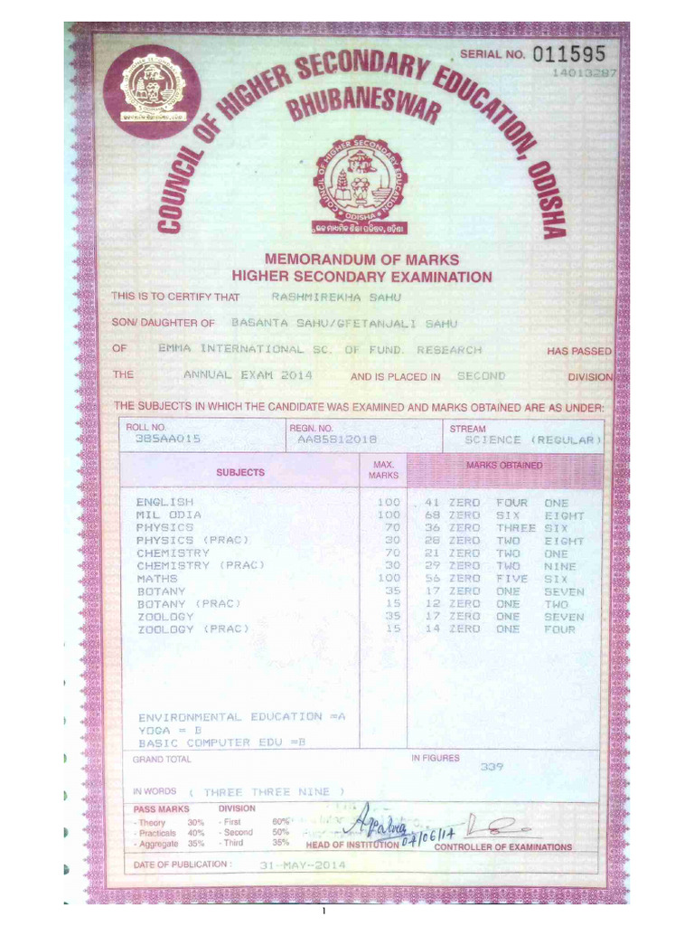 My +2 Marksheet | PDF
