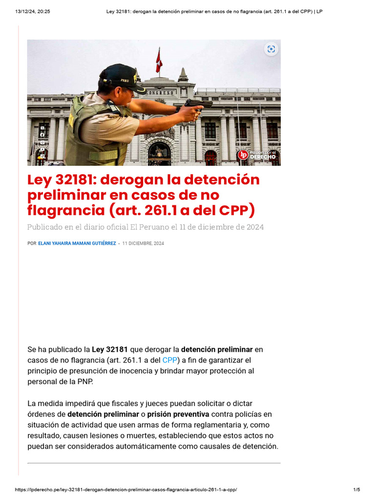 Ley 32181 - Derogan La Detención Preliminar en Casos de No Flagrancia (Art. 261.1 A Del CPP ...