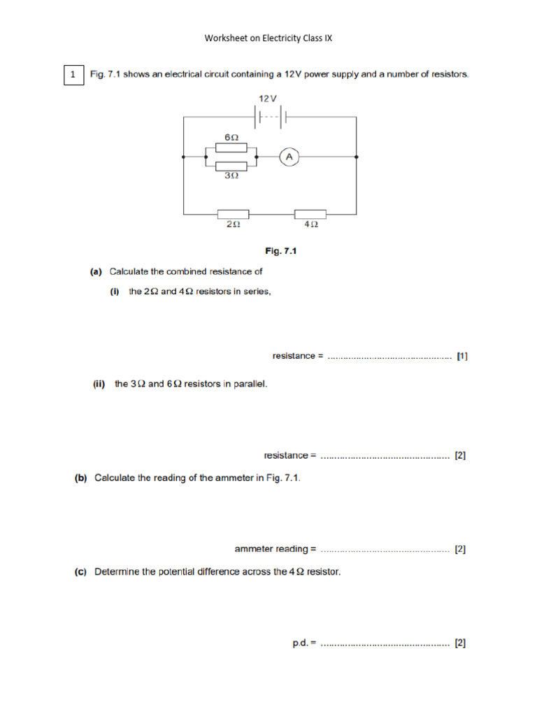 Class IX Electricity Worksheet | PDF