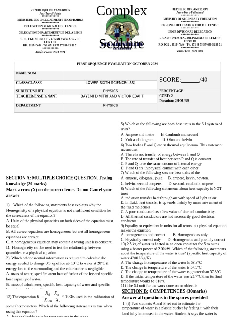 Physics LSS Sequence 1 - Copie | PDF | Heat | Heat Capacity