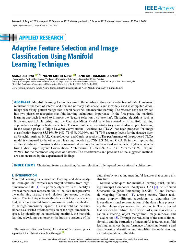 Adaptive Feature Selection and Image Classification Using Manifold Learning Techniques | PDF ...