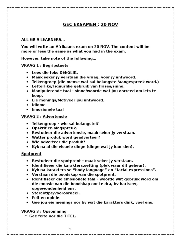 SVN Gec Afrikaans Eksamen GR 9 2024 | PDF