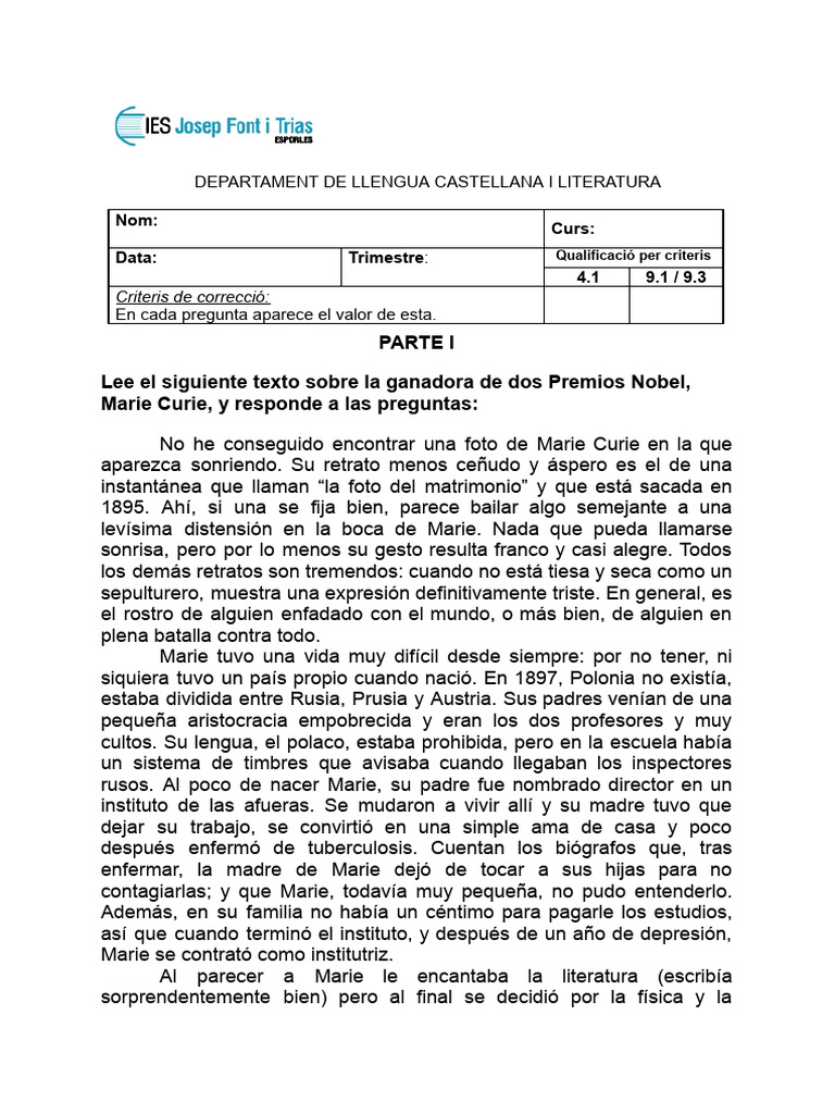 Còpia de 1er Examen 1T _ NESE | PDF | Oración (Lingüística) | Asunto (gramática)
