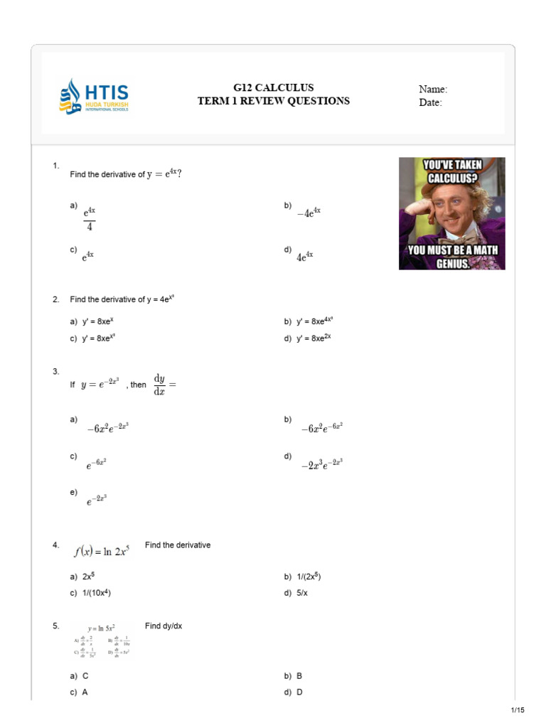 G12 Calculus T1 Review Questions | PDF | Differential Calculus ...