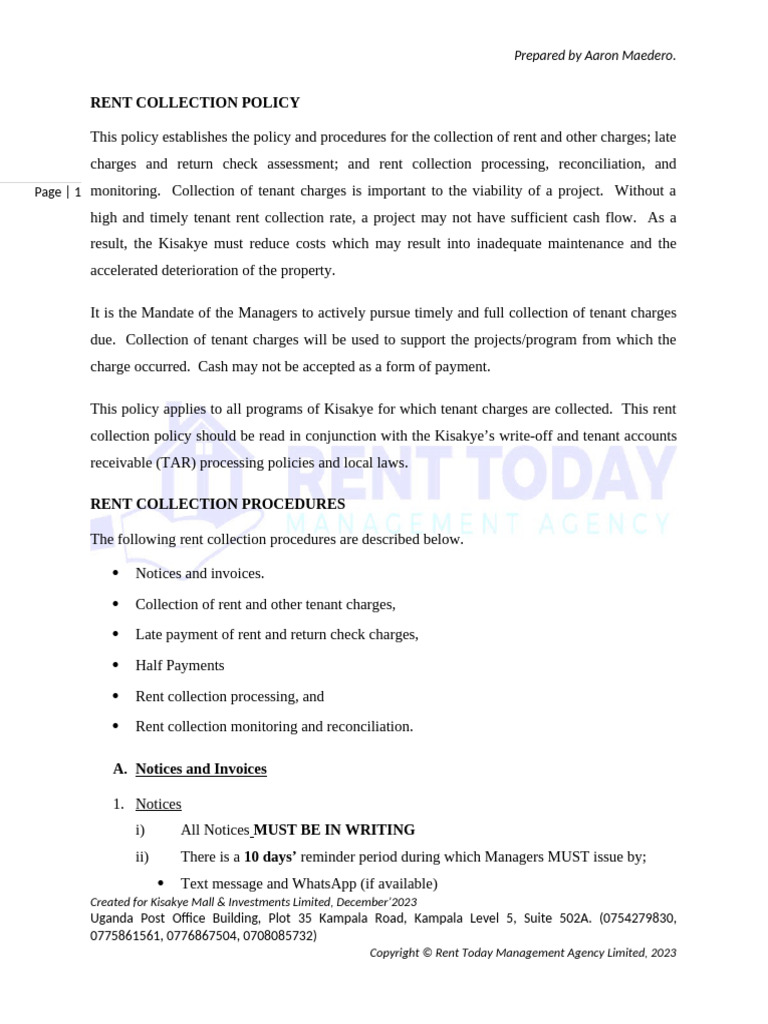 Kisakye Rent Collection Policy Guide | PDF | Leasehold Estate | Eviction