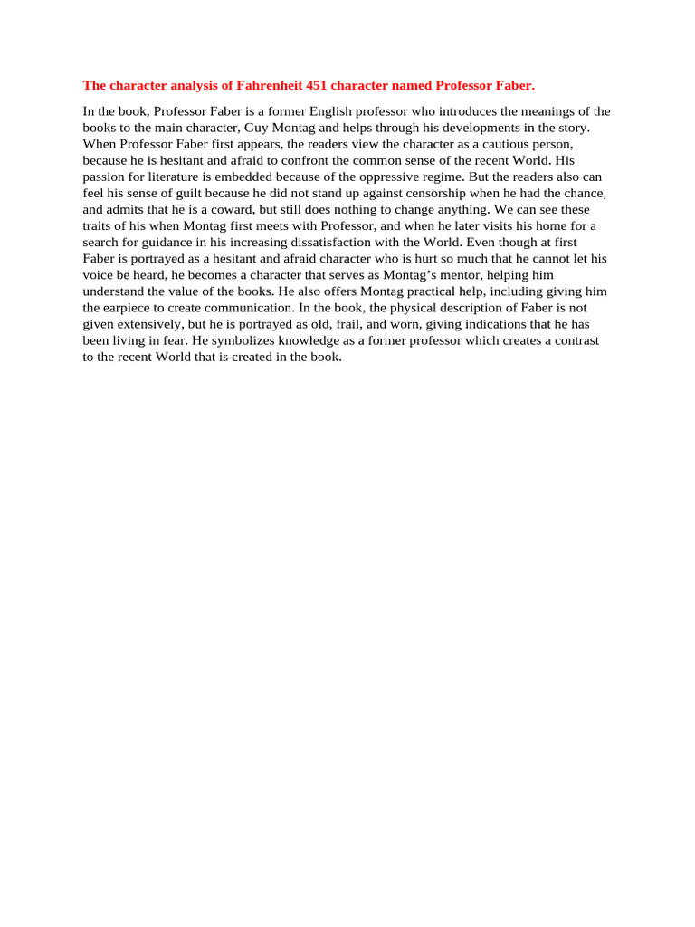 The Character Analysis of Fahrenheit 451 Character Named Professor ...