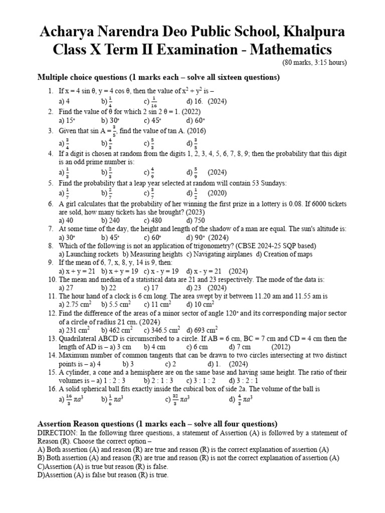 Class X Term II Examination - Mathematics | PDF | Circle | Area Class X Term II Examination - Mathematics | PDF | Circle | Area