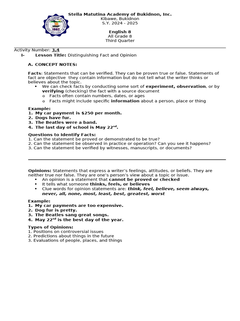 Fact vs. Opinion: Grade 8 Lesson Guide | PDF