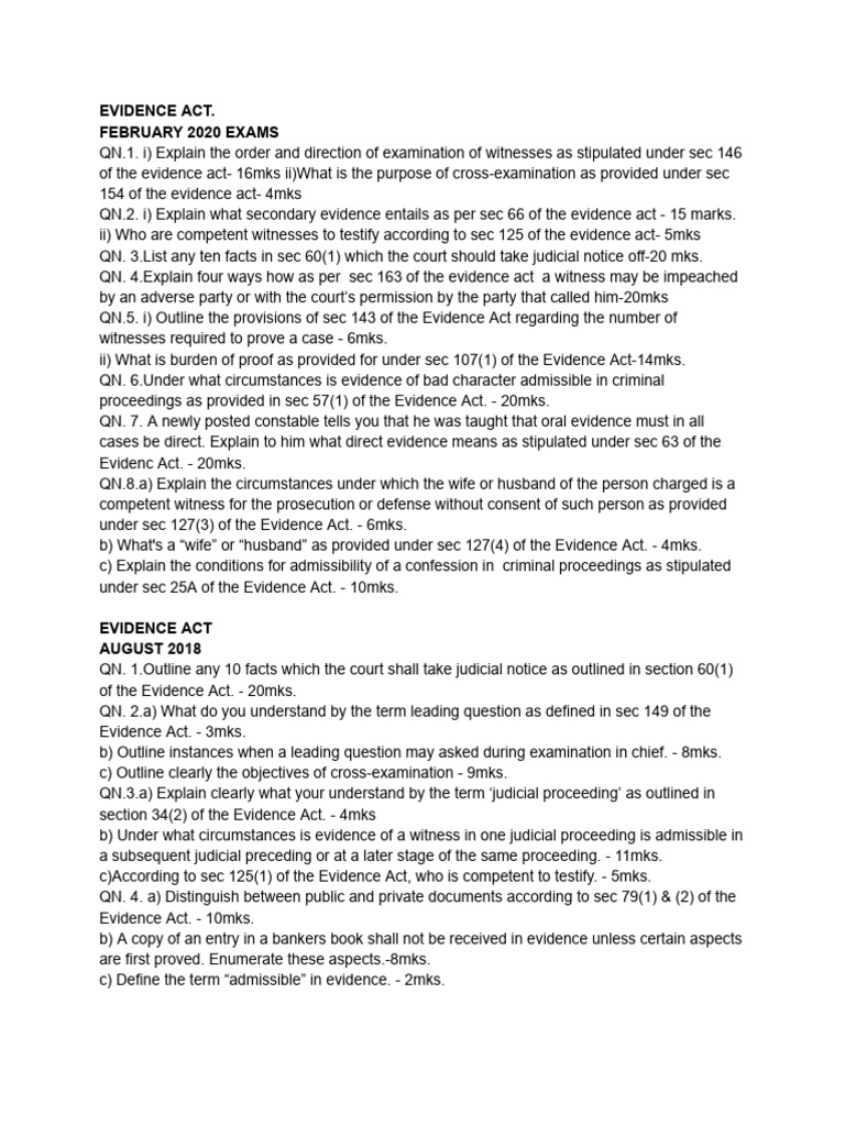 Evidence Act Past Paper Qns | PDF | Evidence (Law) | Witness