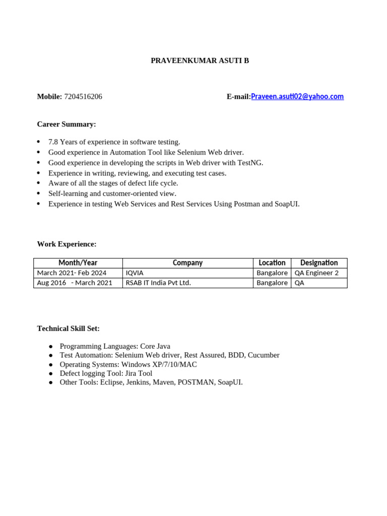7+ Years Software Automation Testing Profile Praveen Asuti | PDF ...