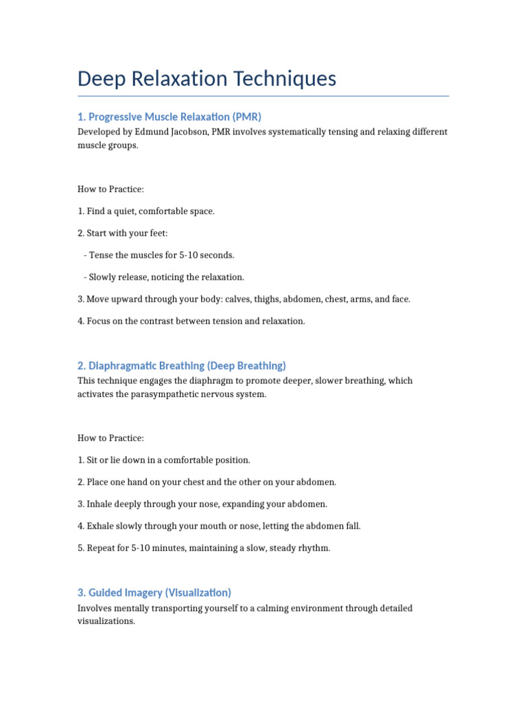 Deep Relaxation Techniques | PDF | Breathing | Mind–Body Interventions