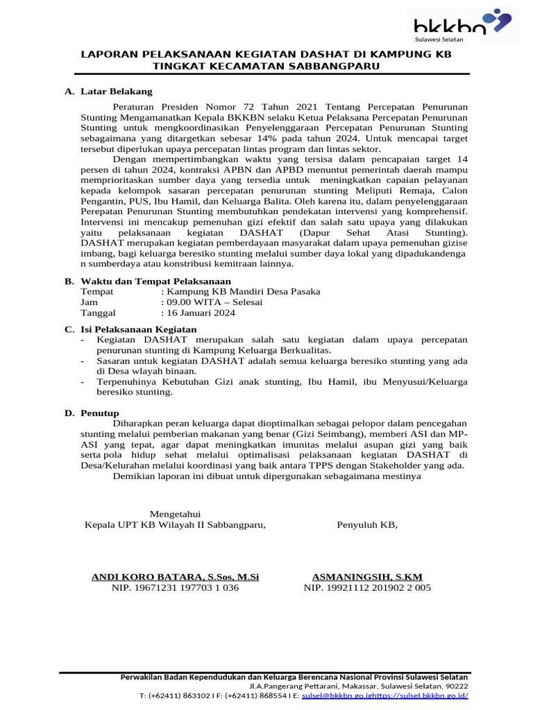 Laporan Dashat Kampung KB | PDF