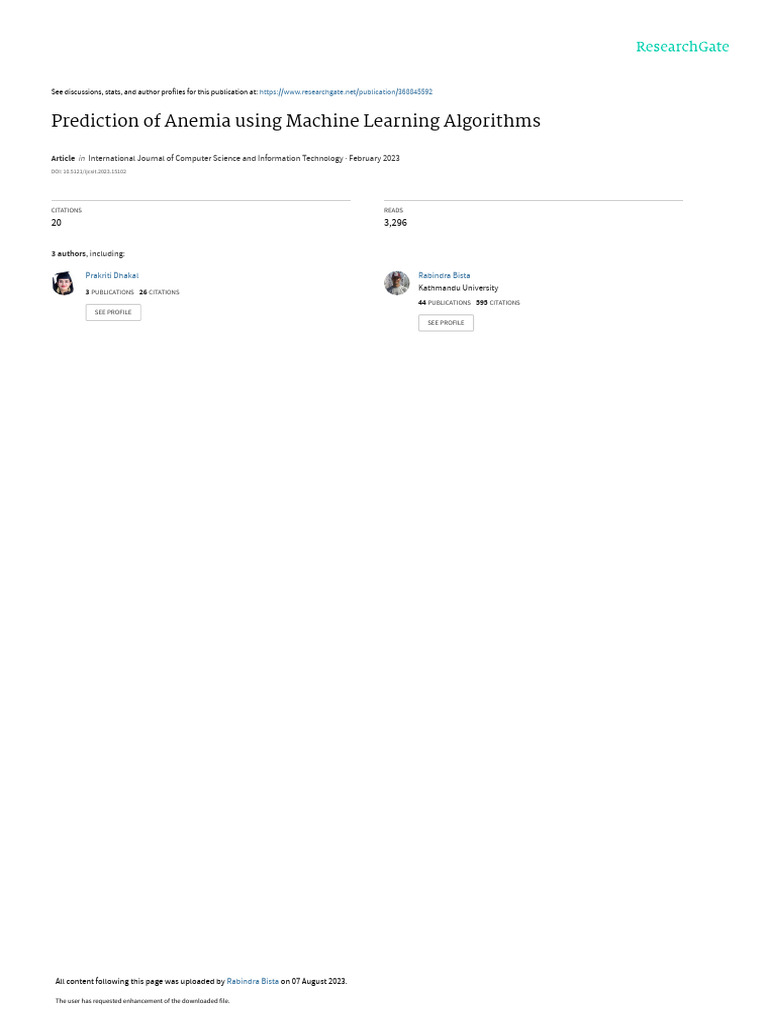 Predictionof Anemia Ussing Machine Learning Algorithms | PDF | Statistical Classification | Anemia