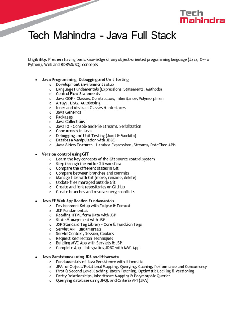 JFS Outline - TechM 1.3 Jan 24 | PDF | Java (Programming Language) | Spring Framework