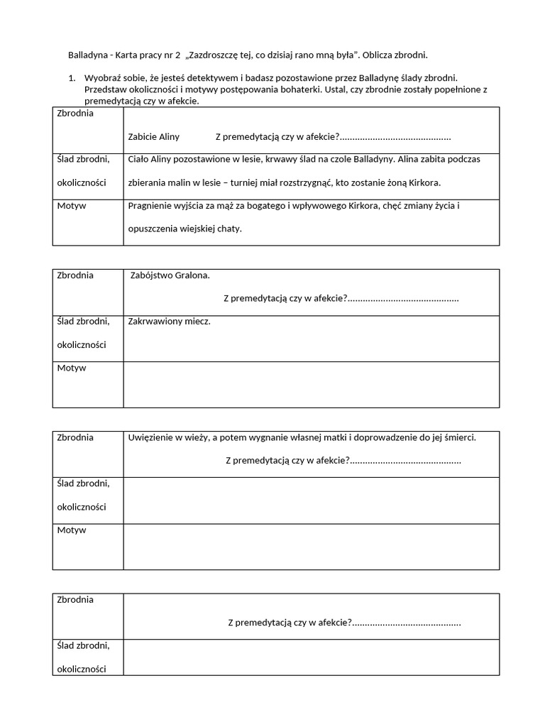 Balladyna - Karta Pracy NR 2 | PDF