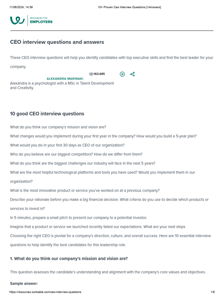 10+ Proven Ceo Interview Questions (+answers) | PDF | Leadership ...