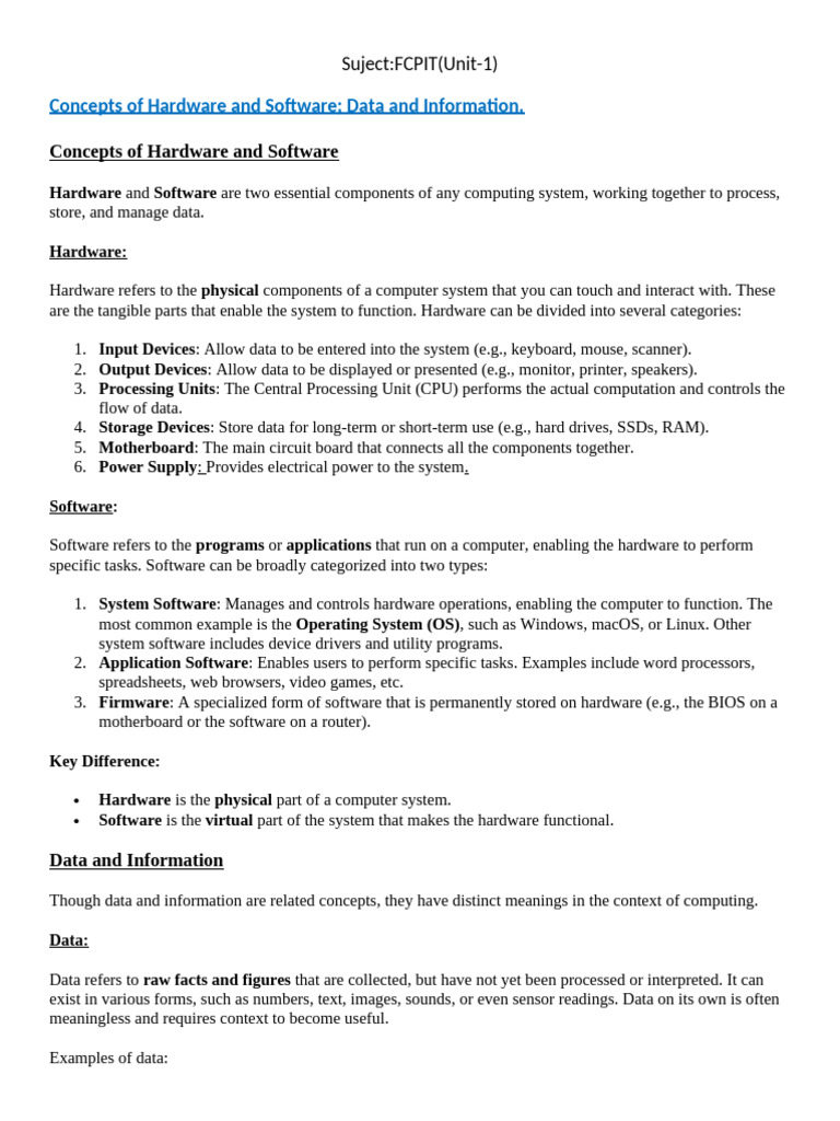 FCPIT(Unit1) | PDF | Computer Hardware | Software