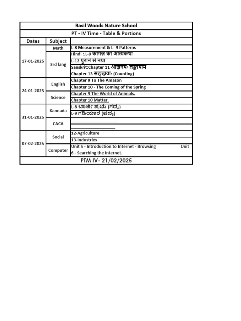 Grade - 5 PT IV Time-Table & Portions | PDF