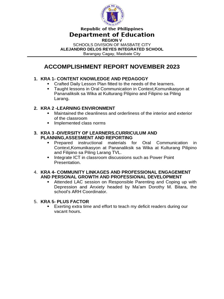 Accomplishment Report November 2023 | PDF