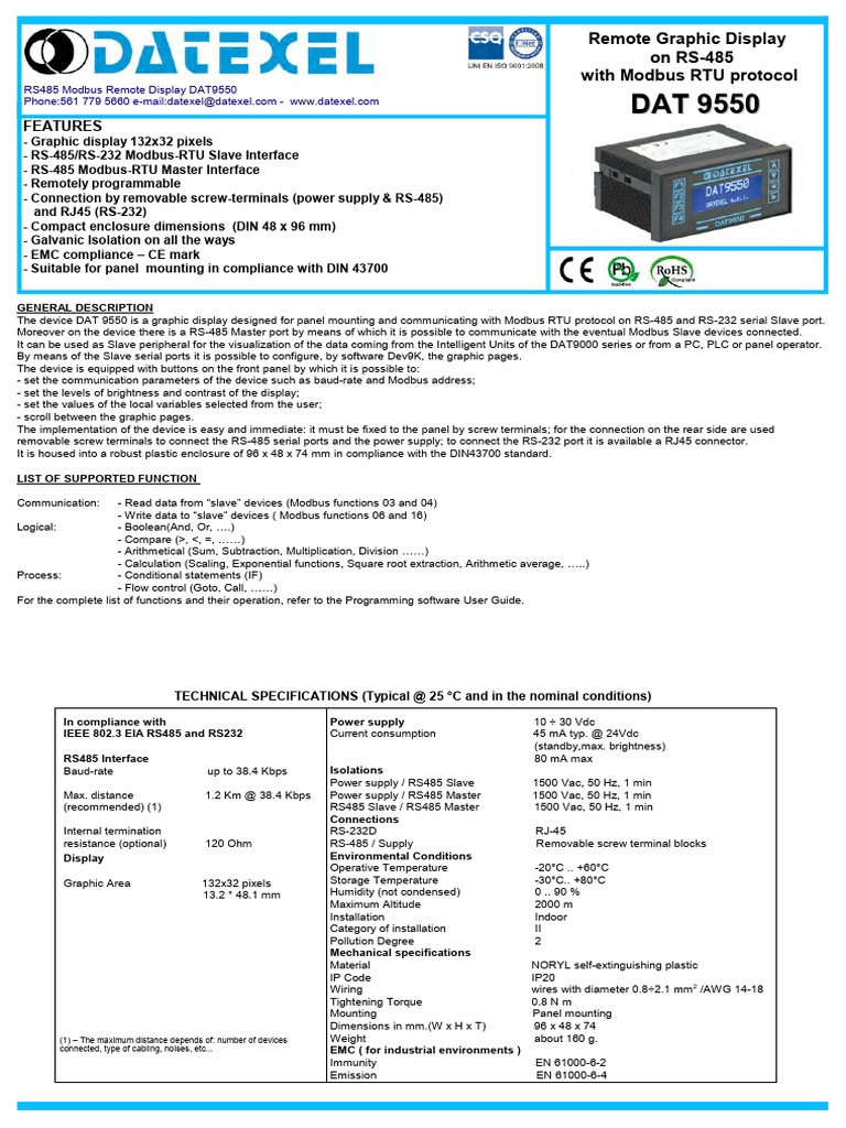 rs485 Modbus Remote Display Dat9550 | PDF | Computer Architecture ...