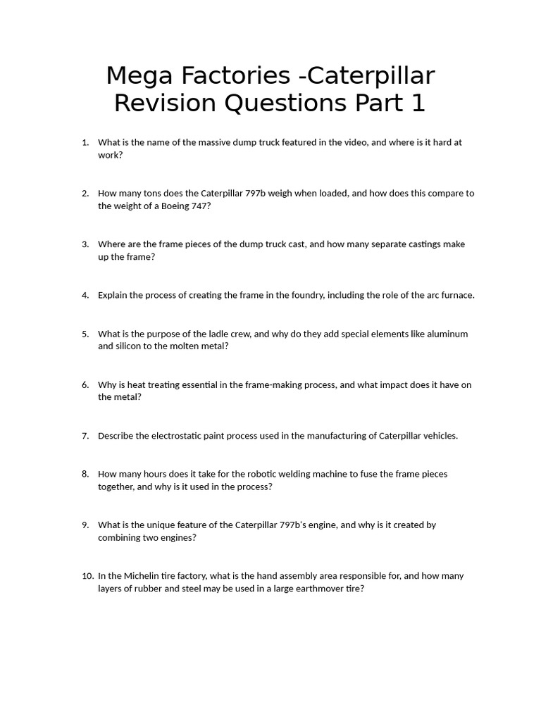 Megafactories - Caterpillar - Revision Questions Part 1 | PDF