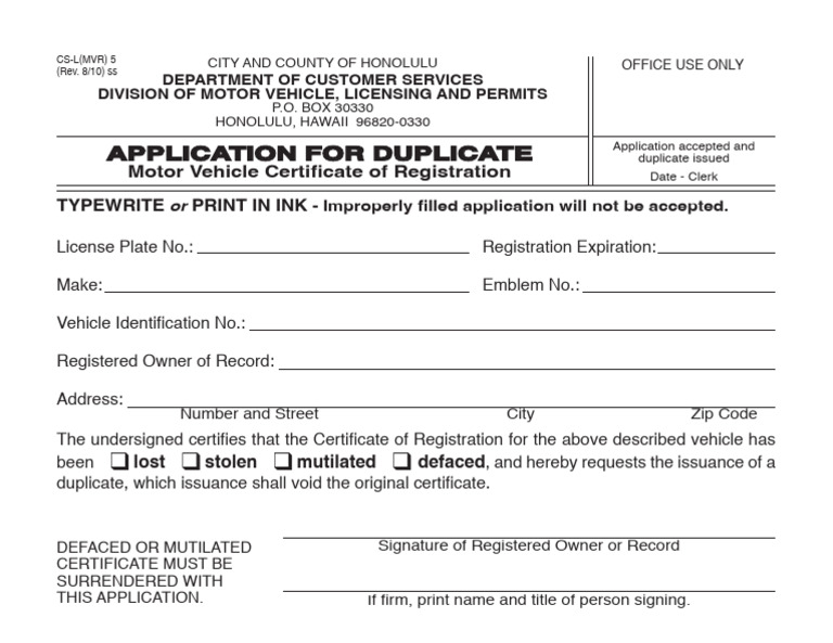 Honolulu Duplicate Vehicle Registration Form CS-L (MVR) 5 | PDF