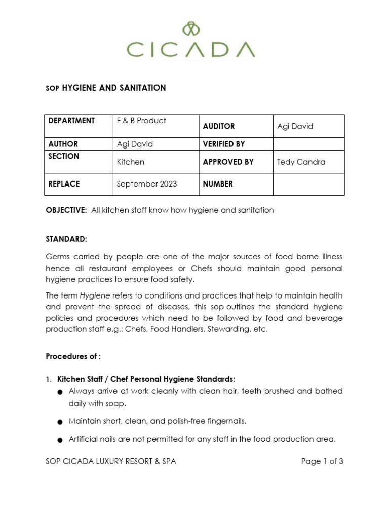 Kitchen Hygiene and Sanitation SOP | PDF | Hygiene | Chef