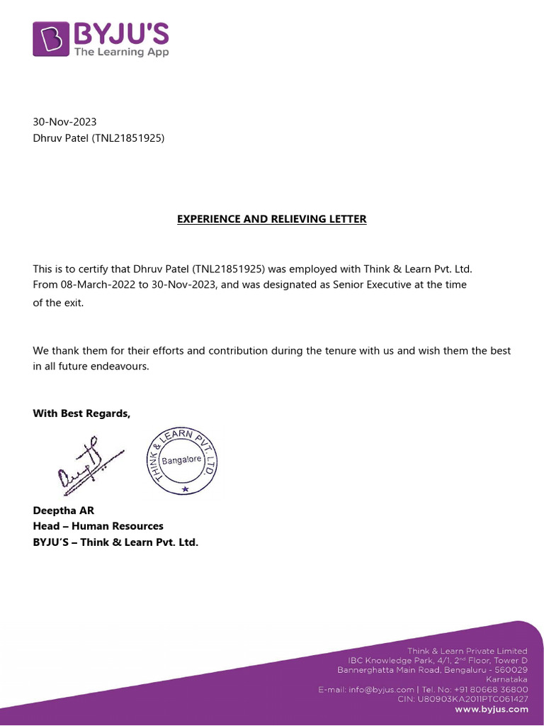 Byjus Releving Experience Letter TNL21851925 | PDF
