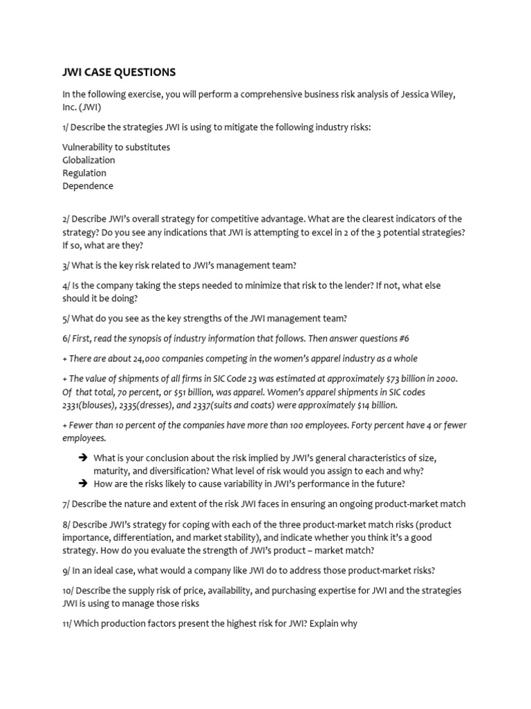 JWI case questions | PDF | Risk | Market (Economics)
