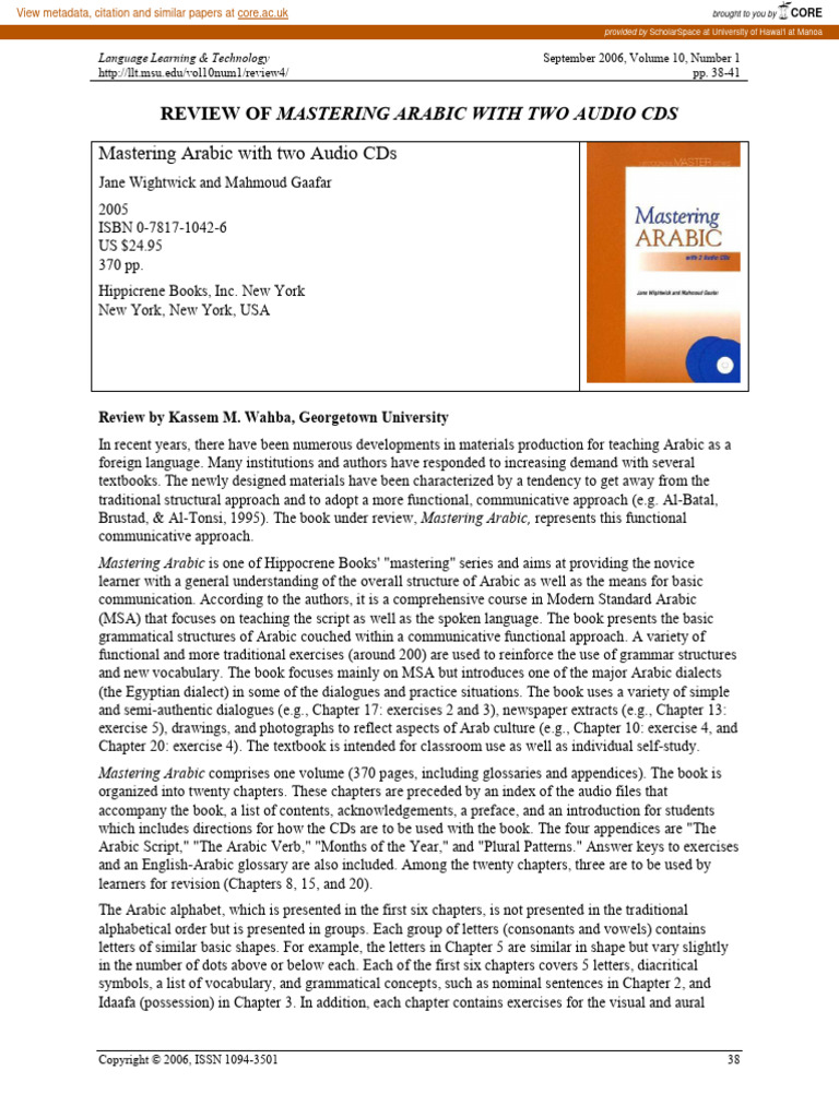 Review_of_Mastering_Arabic_with_Two_Audi | PDF | Arabic | Vocabulary