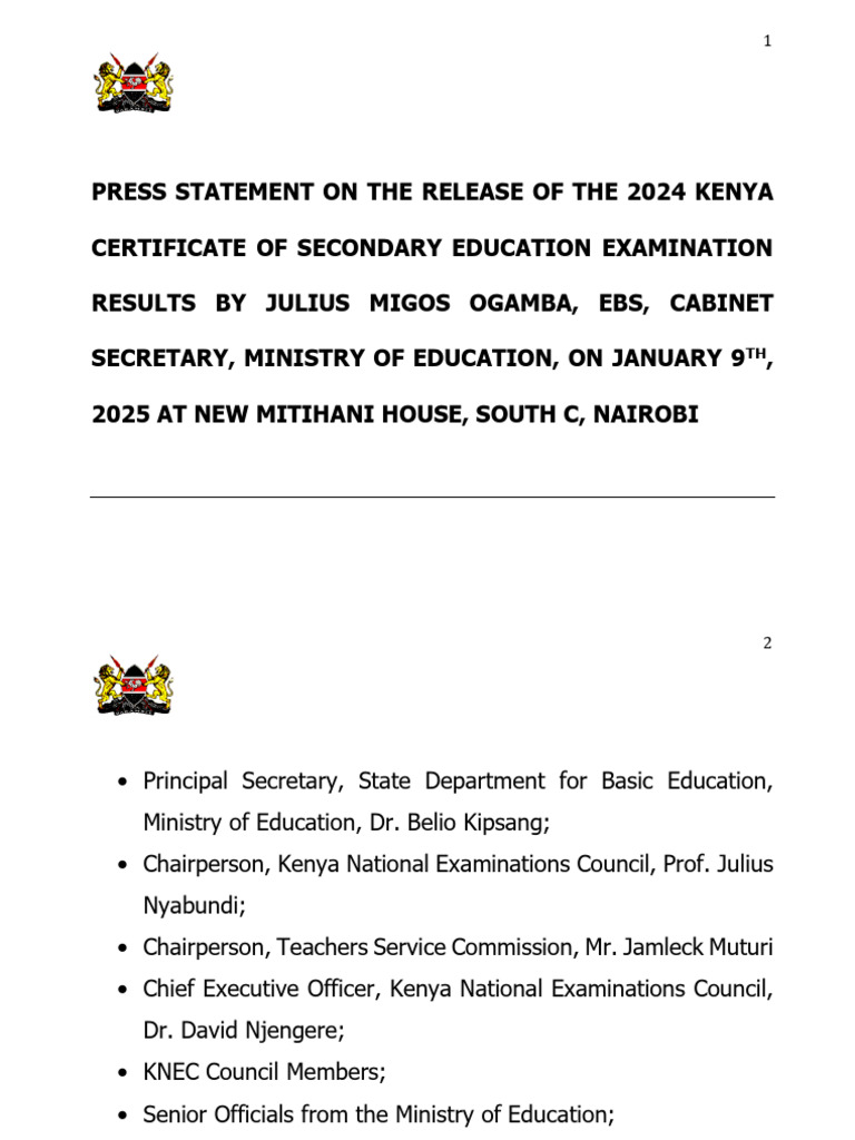 CS Julius Ogamba Speech - 2024 Kcse Results090125 | PDF