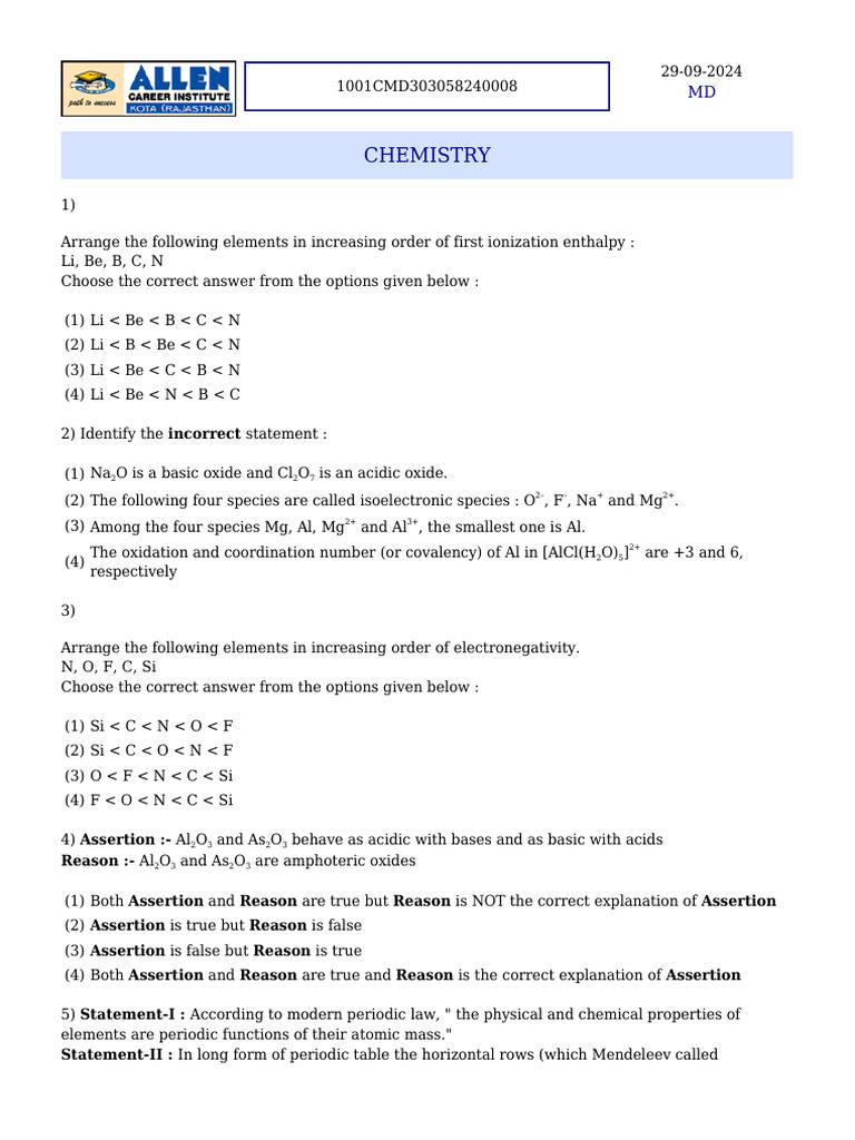 SRG TEST-01 | PDF | Electron Configuration | Ionic Bonding