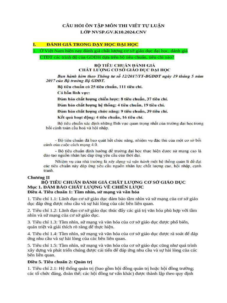 Câu hỏi ôn tập môn thi viết.NVSP.GV.K10.2024 | PDF