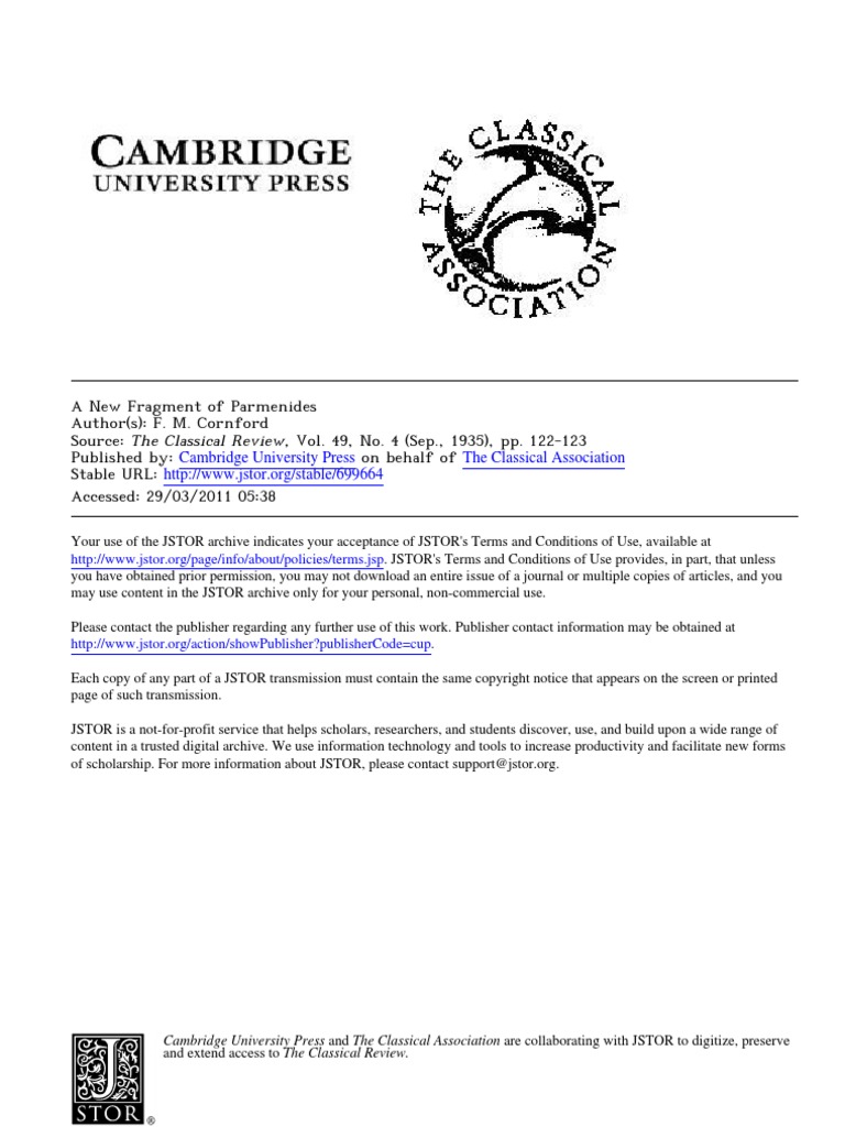 A New Fragment of Parmenides - F.M. Cornford | PDF | Plato | Science