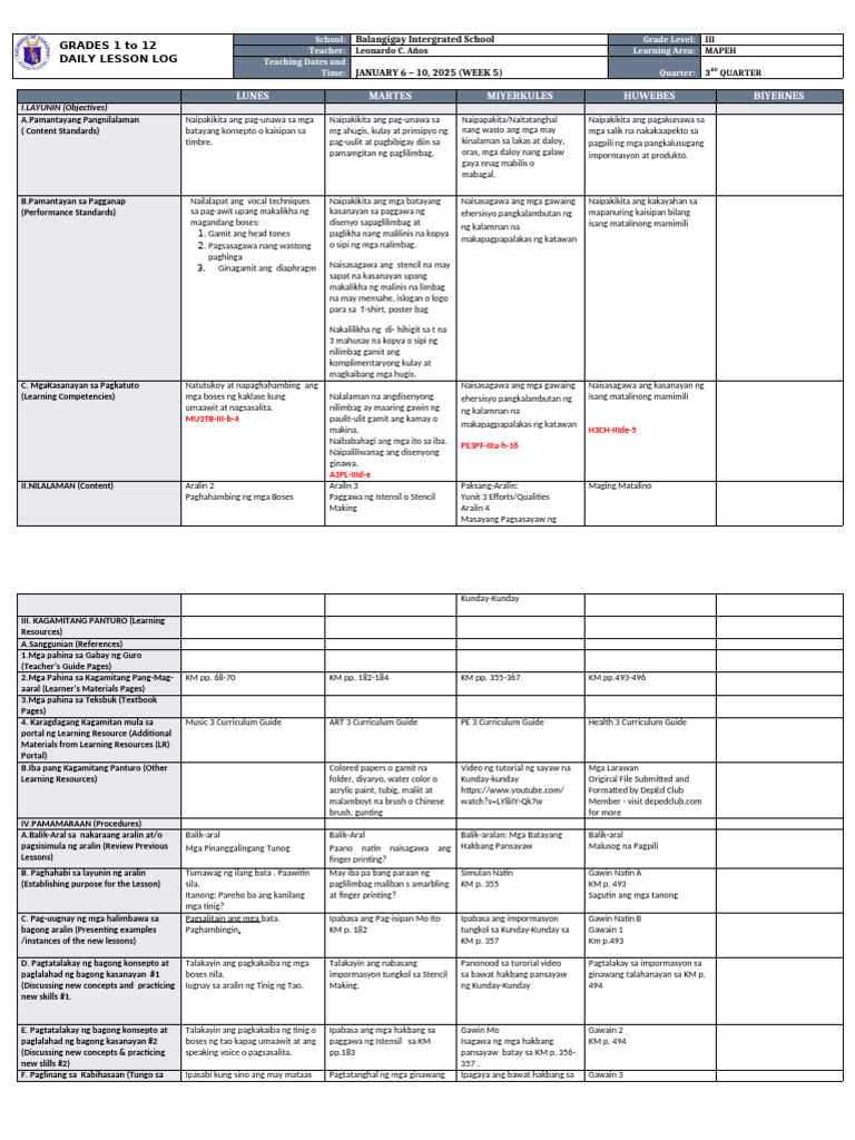 DLL_MAPEH 3_Q3_W5 | PDF