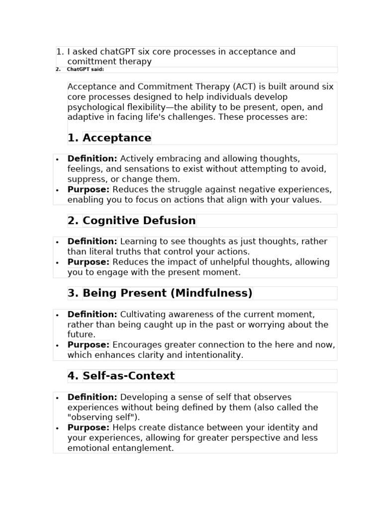 six core processes in acceptance and comittment therapy | PDF