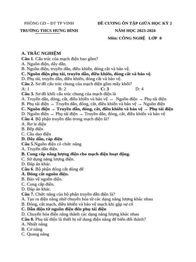 ĐỀ CƯƠNG ÔN TẬP CÔNG NGHỆ 8 GK2 | PDF