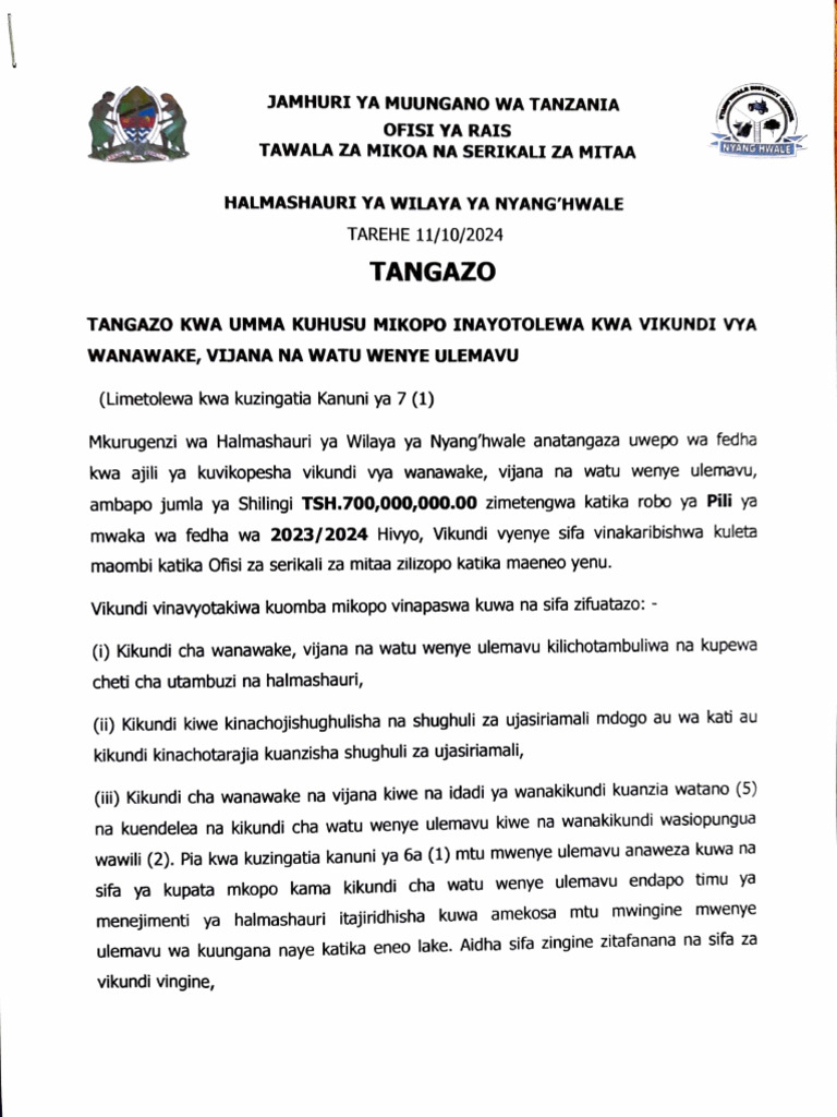 Tangazo La Mikopopo Kwa Vikundi | PDF